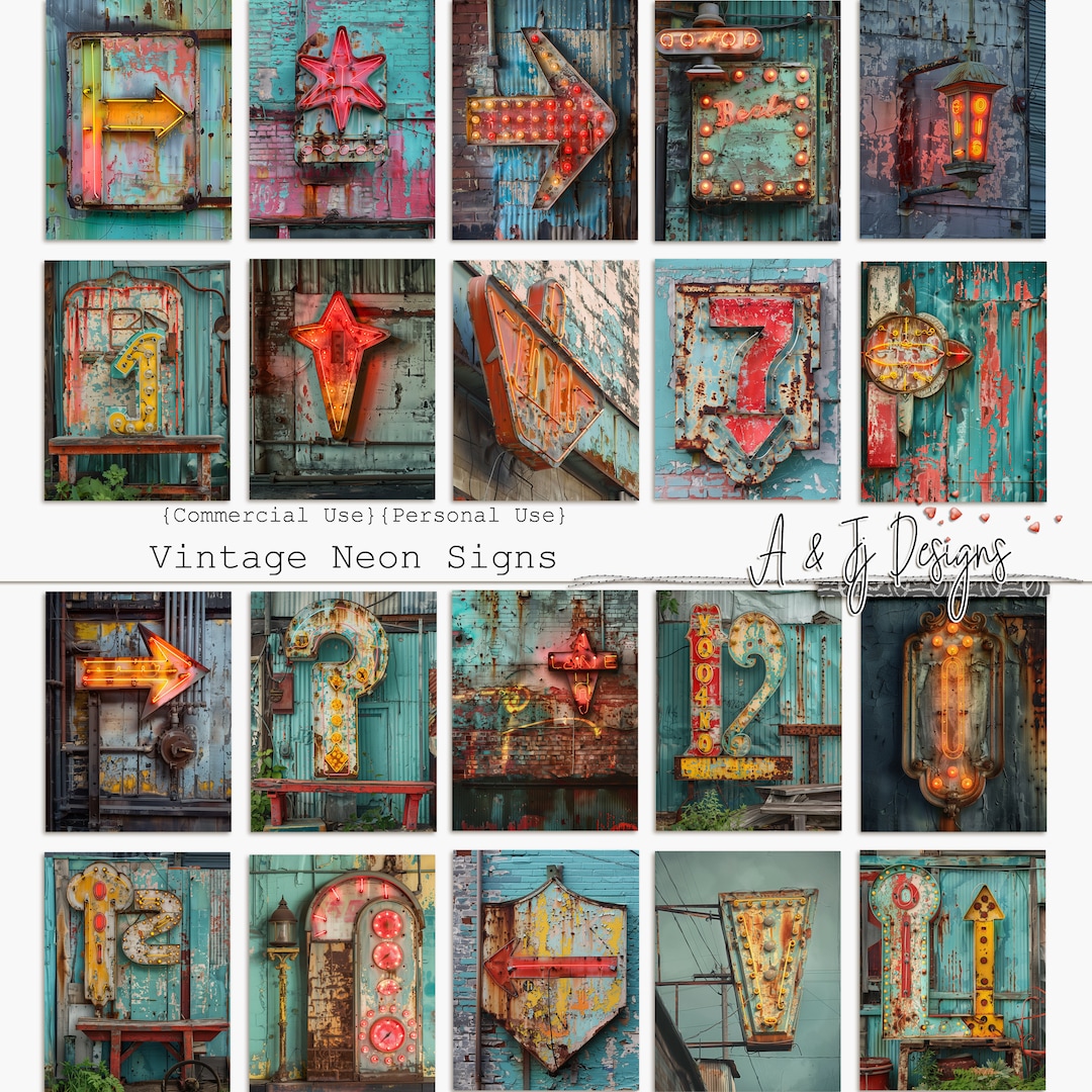 Vintage Neon Signs, Commercial Use, Printable, Ephemera, Papers, JPG ...