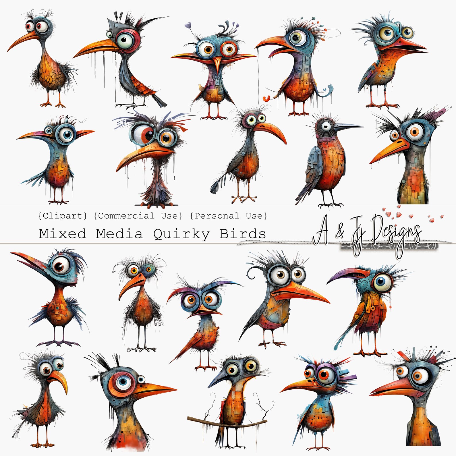 Mixed Media Quirky Birds, Clipart, CU, Printables, Junk Journals, Mixed ...
