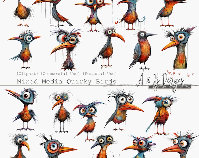 Mixed Media Quirky Birds, Clipart, CU, Printables, Junk Journals, Mixed ...