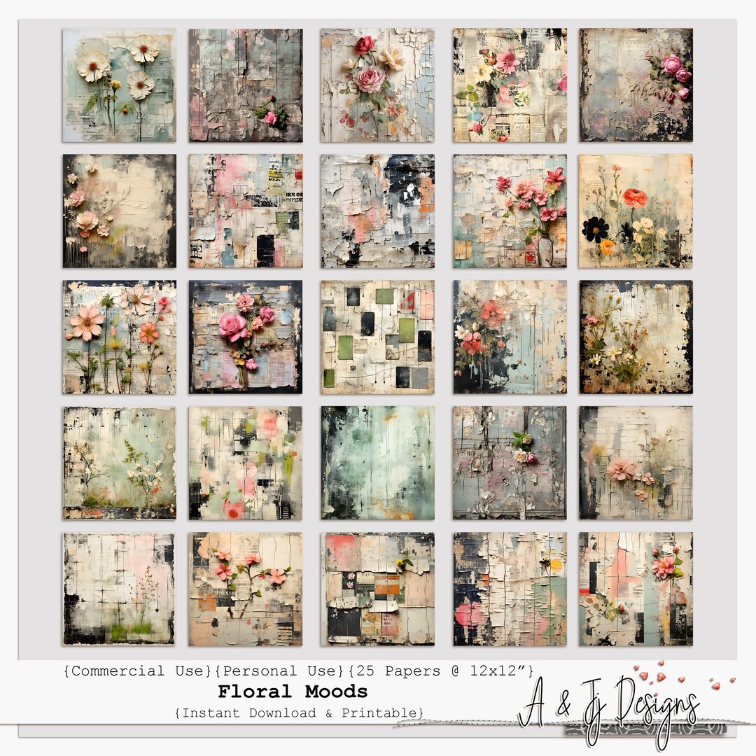 Floral Moods | Digital Paper Pack | Shabby Grunge Textures | 12x12 ...