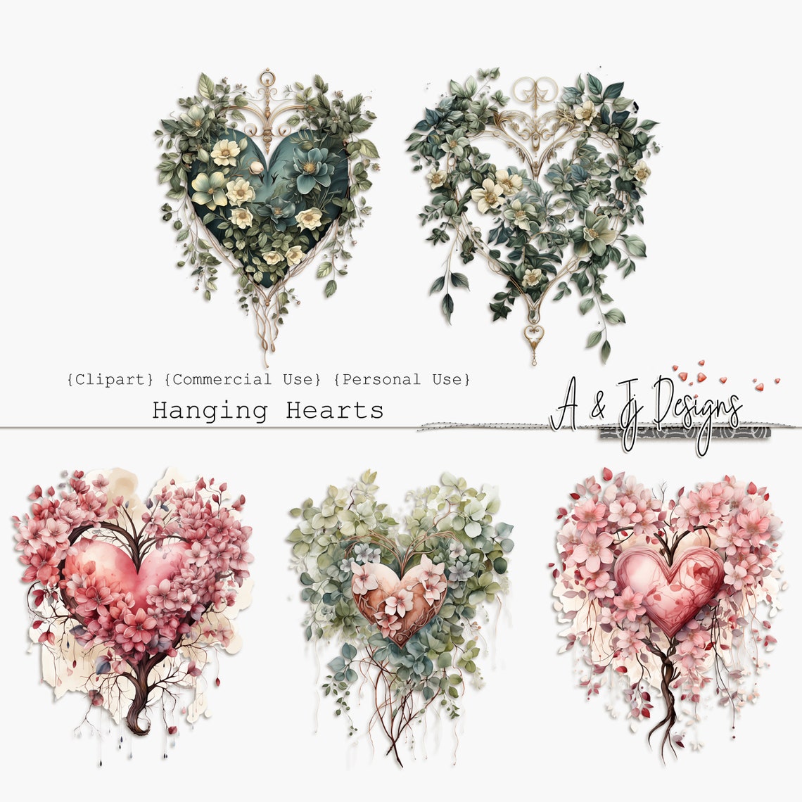 Hanging Hearts, Clipart, CU, Printables, Junk Journals, Mixed Media ...