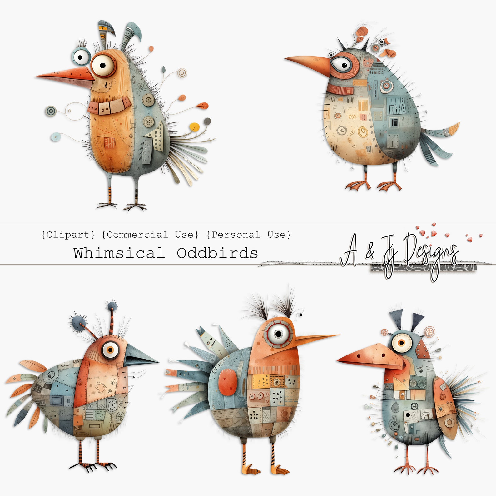 Whimsical Oddbirds, Clipart, CU, Printables, Junk Journals, Mixed Media ...