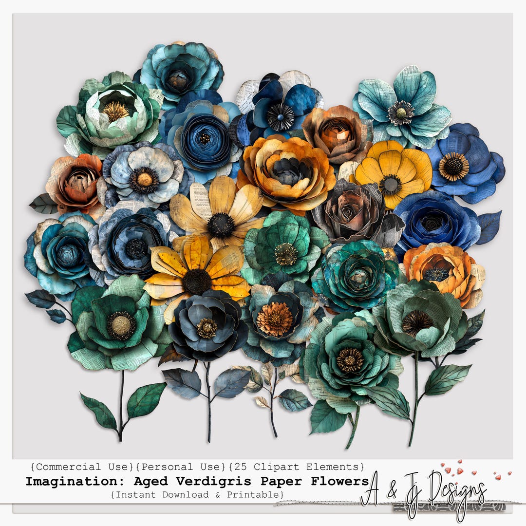 Imagination: Aged Verdigris Paper Flowers | 25 Vintage Clipart Elements ...