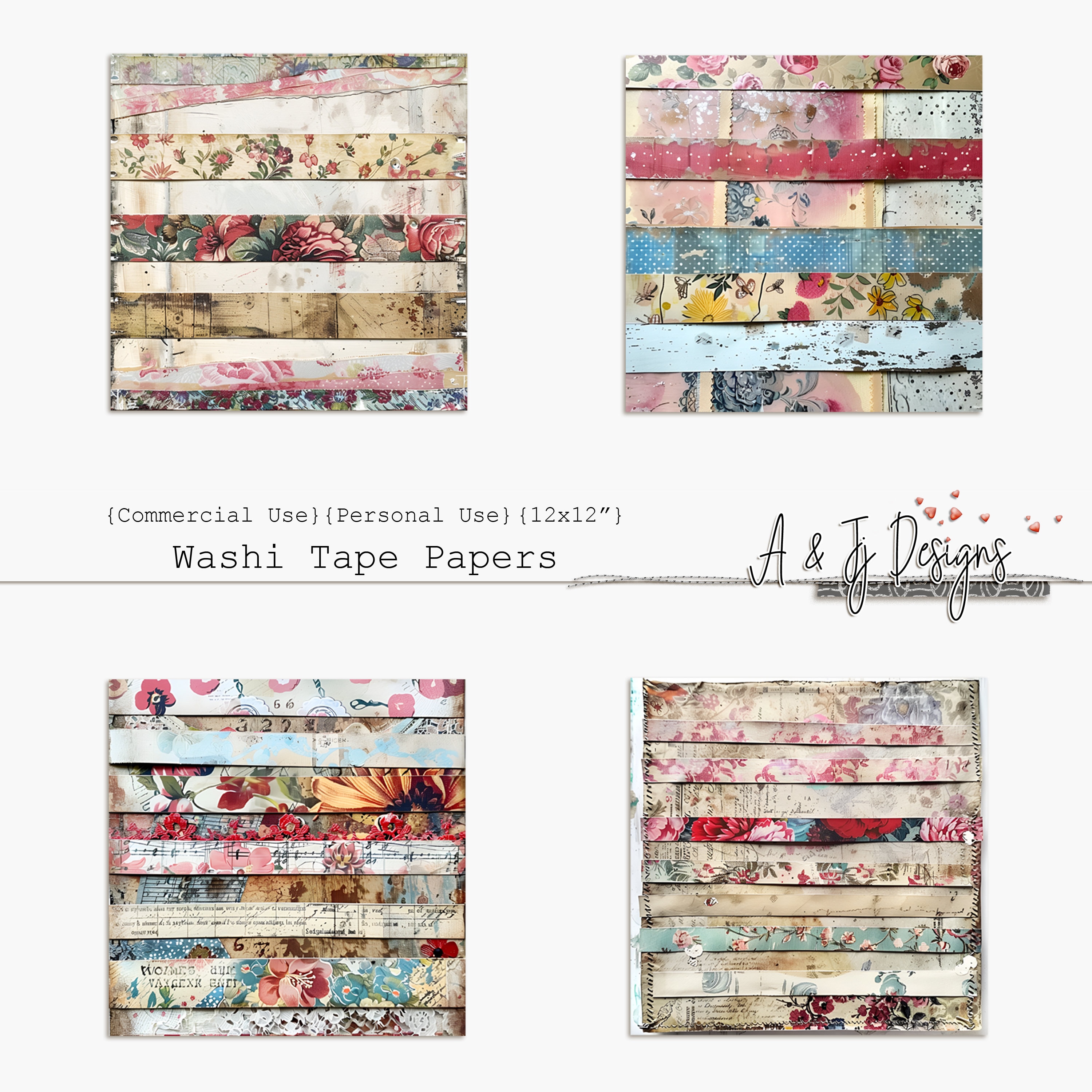 Washi Tape Papers, CU, PU, Printable, 12x 12 Papers, Ephemera, JPG ...