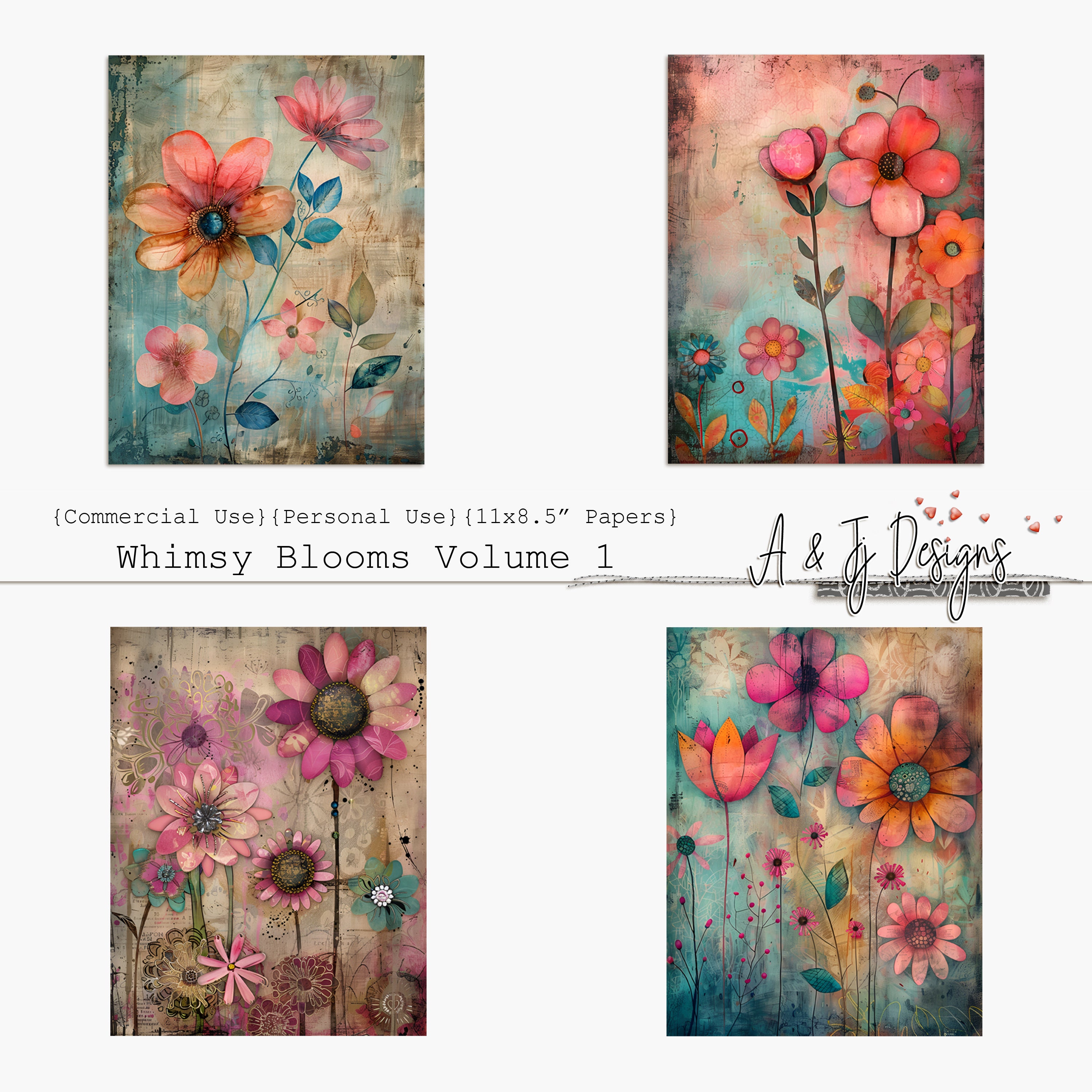 Whimsy Blooms Vol 1, CU, PU, Printable, Papers, JPG, Junk Journals, Scrapbooking, Mixed Media ...