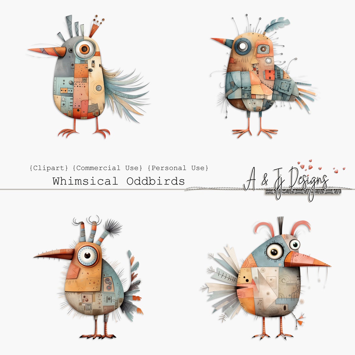 Whimsical Oddbirds, Clipart, CU, Printables, Junk Journals, Mixed Media ...
