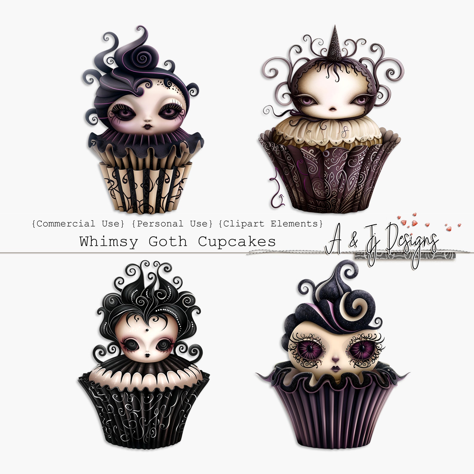 Whimsy Goth Cupcakes Clipart Elements, Commercial Use, Halloween Junk ...