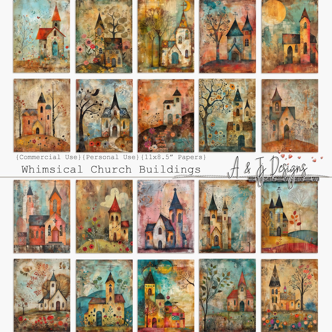 Whimsical Church Buildings, CU, Printable, Papers, JPG, Junk Journals ...
