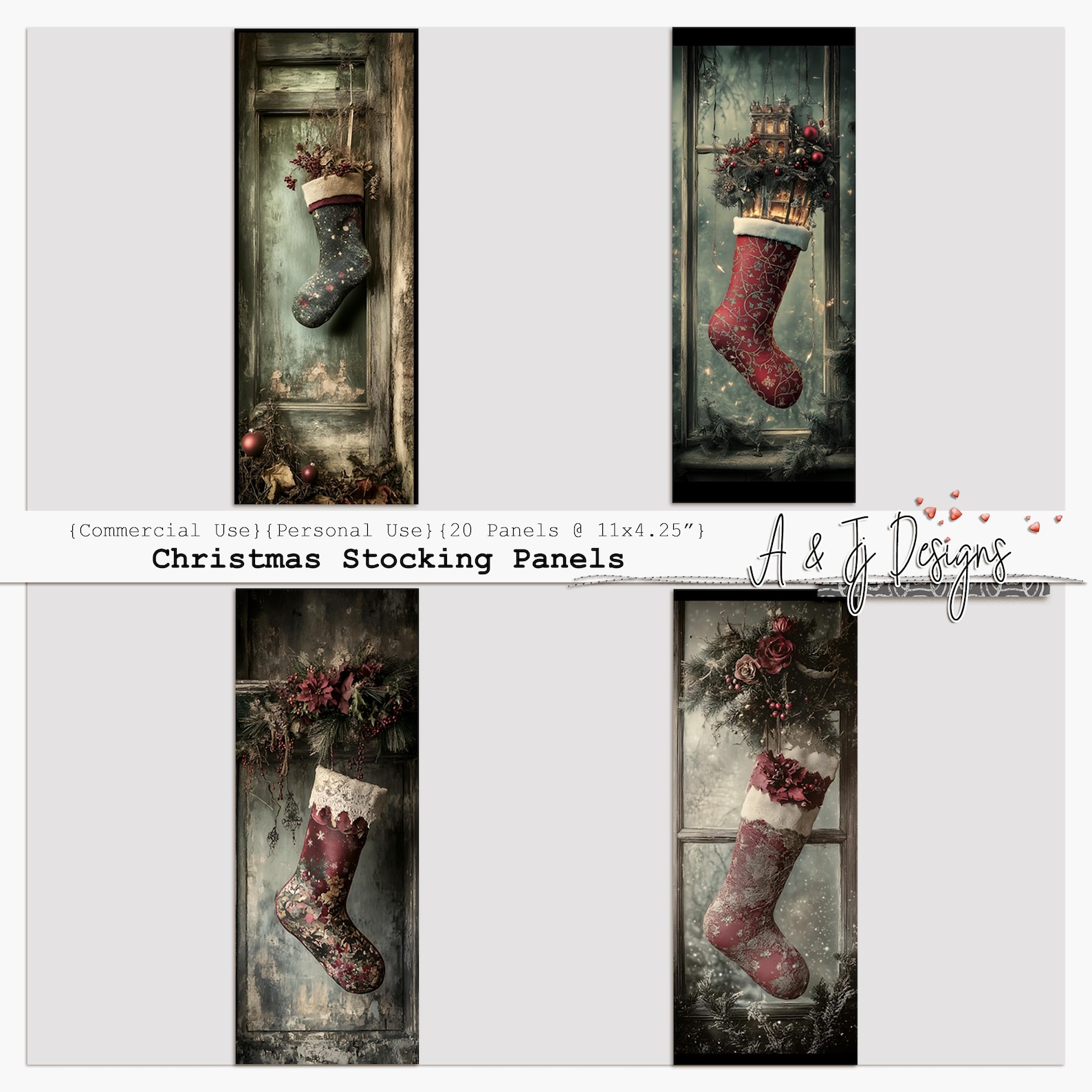 Christmas Stocking Panels, Bookmarks, Digital Holiday Scrapbook Papers ...