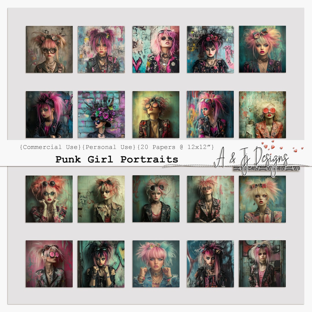Punk Girl Portraits, Edgy Digital Art for Scrapbooking & Journals ...