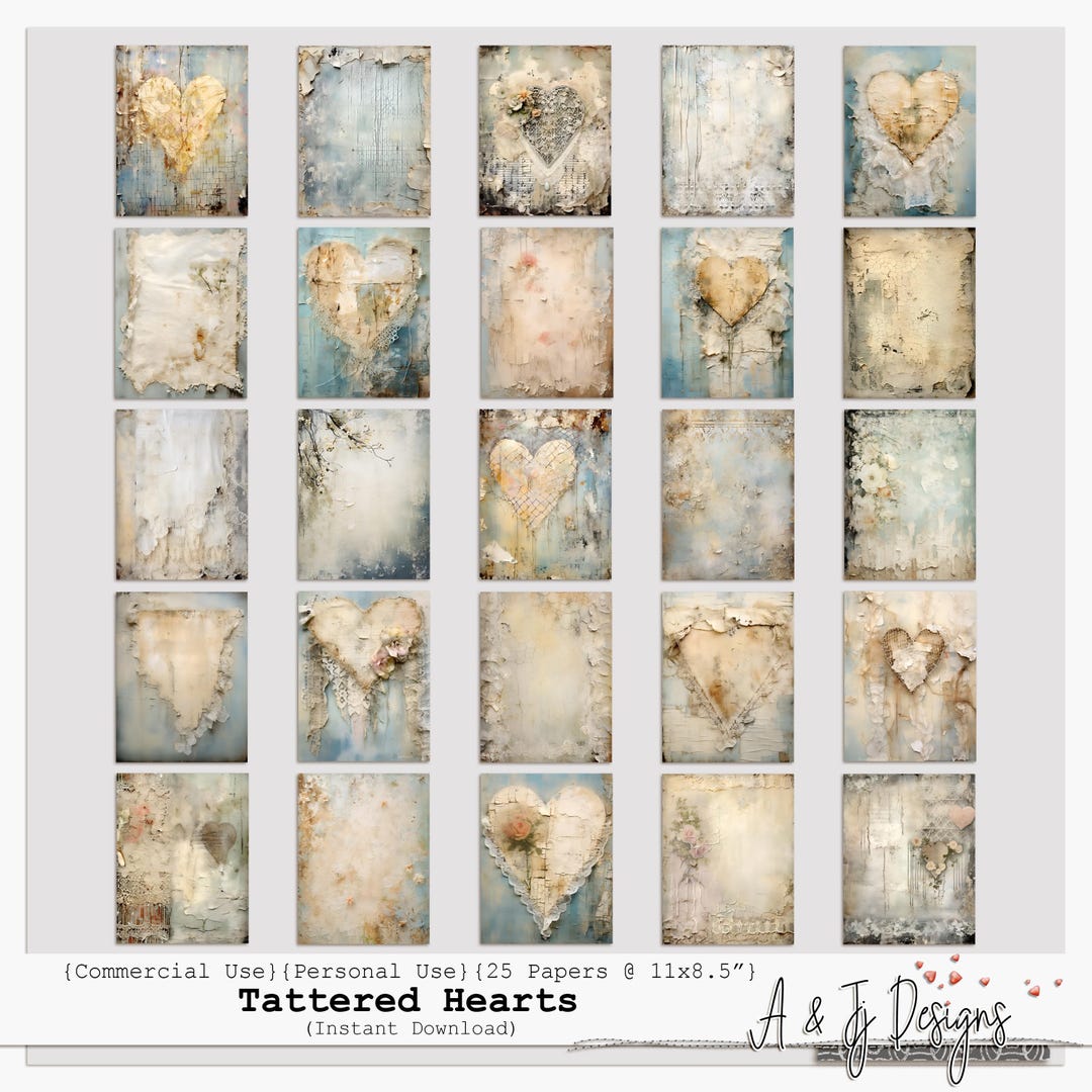 Tattered Hearts | Digital Paper Pack | 25 Junk Journal Pages 11x8.5 ...