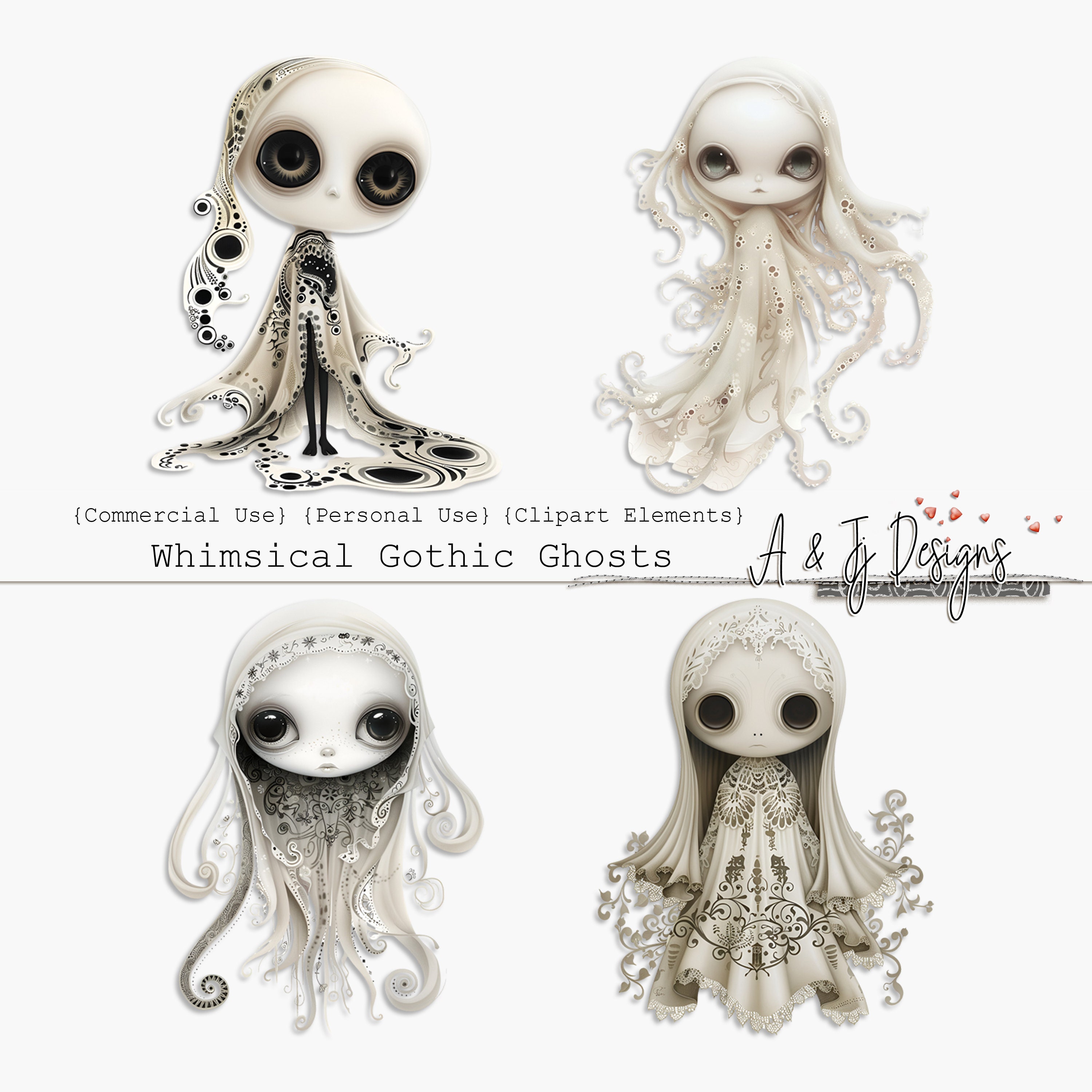 Whimsical Gothic Ghosts Clipart Elements, Commercial Use, Halloween ...