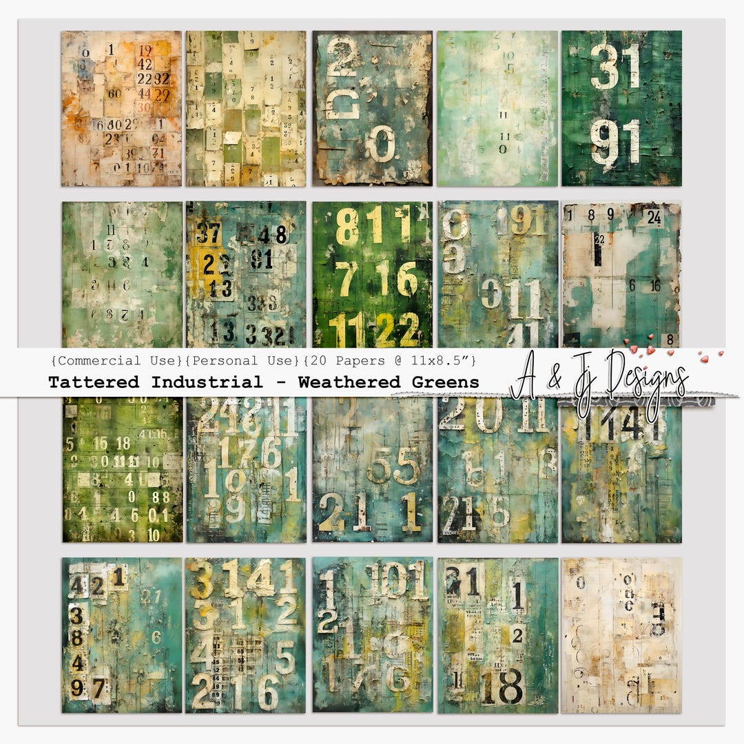 Tattered Industrial - Weathered Greens, Junk Journal Digital Papers ...