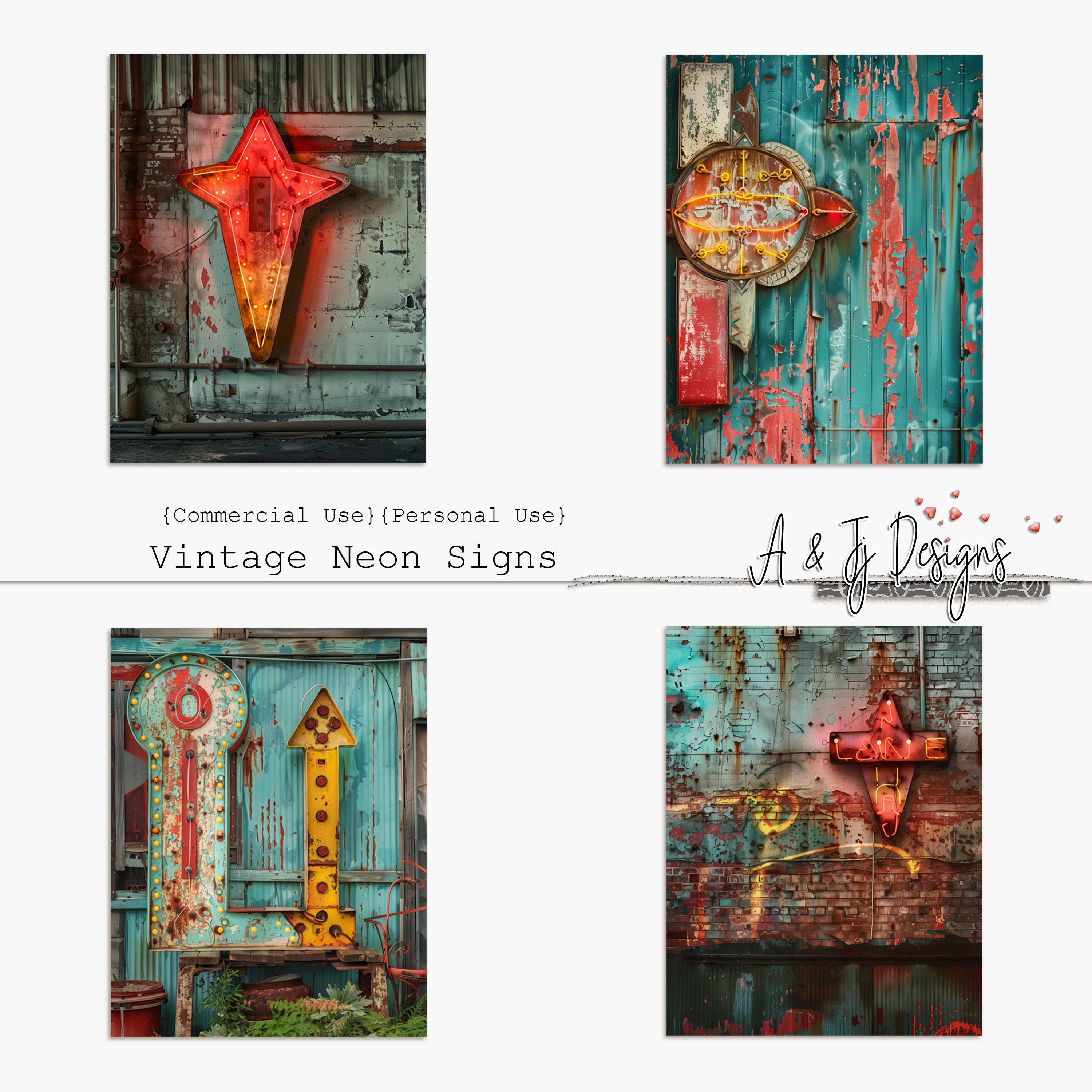 Vintage Neon Signs, Commercial Use, Printable, Ephemera, Papers, JPG ...