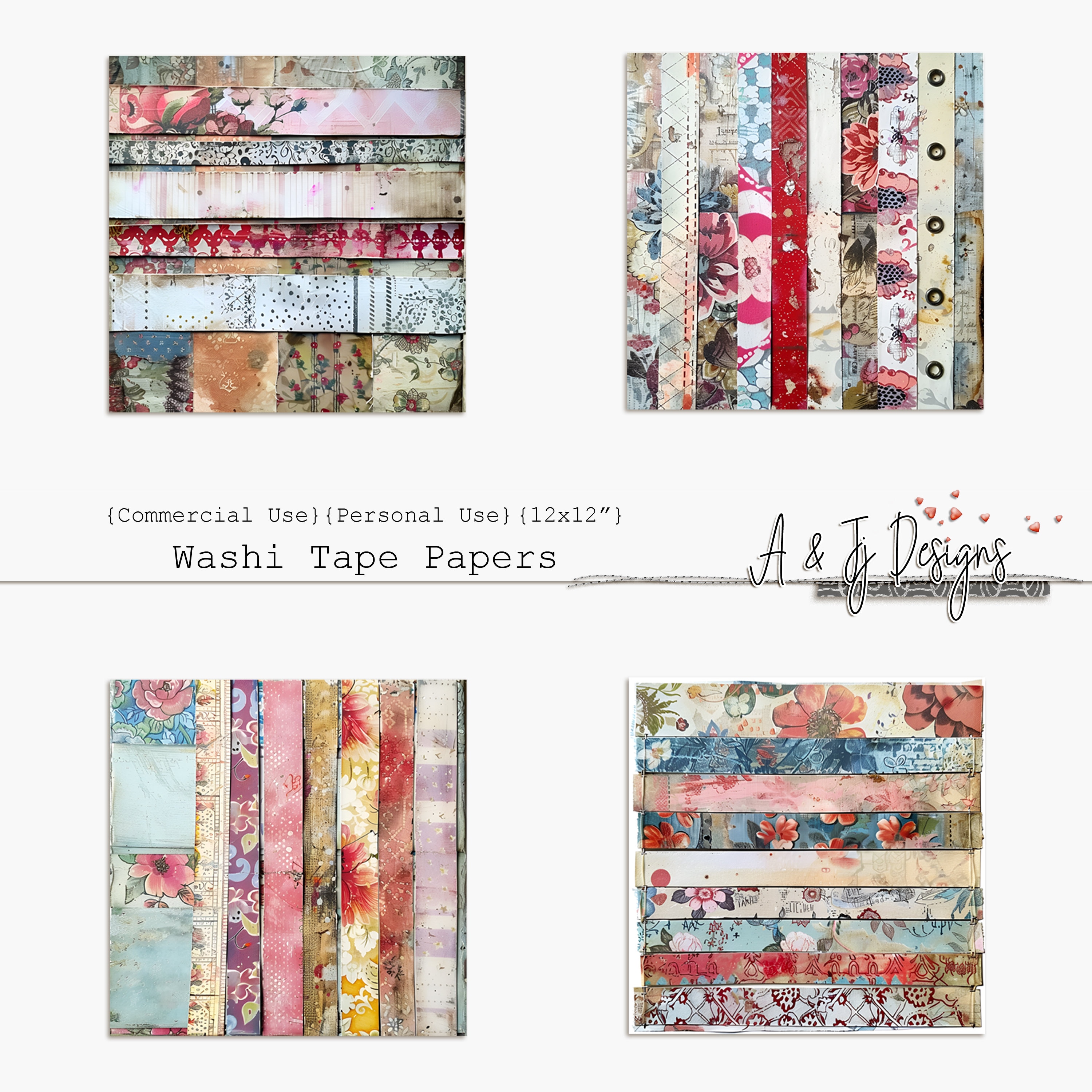Washi Tape Papers, CU, PU, Printable, 12x 12 Papers, Ephemera, JPG ...