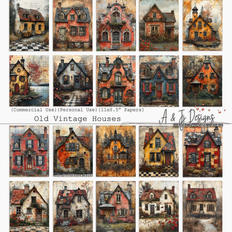 Old Vintage Houses Papers, CU, PU, Printable, 11x8.5", JPG, Junk ...