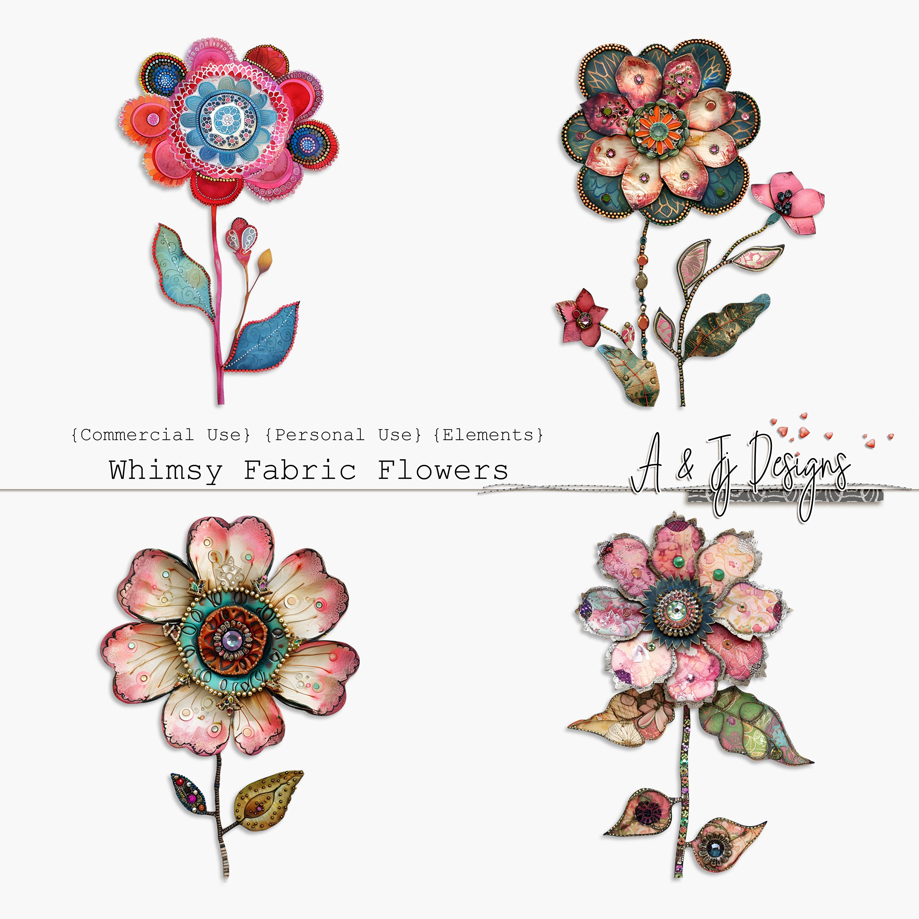 Whimsy Fabric Flowers, CU, PU, Clipart, Elements, Ephemera, Printable ...