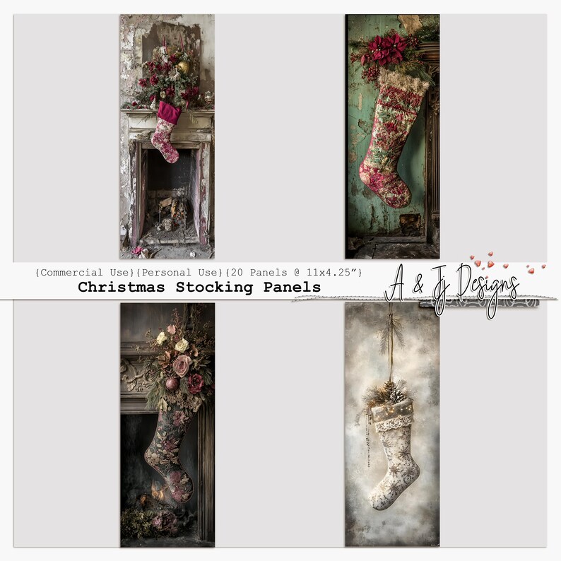 Christmas Stocking Panels, Bookmarks, Digital Holiday Scrapbook Papers ...