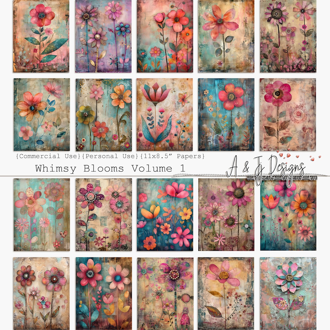 Whimsy Blooms Vol 1, CU, PU, Printable, Papers, JPG, Junk Journals, Scrapbooking, Mixed Media ...