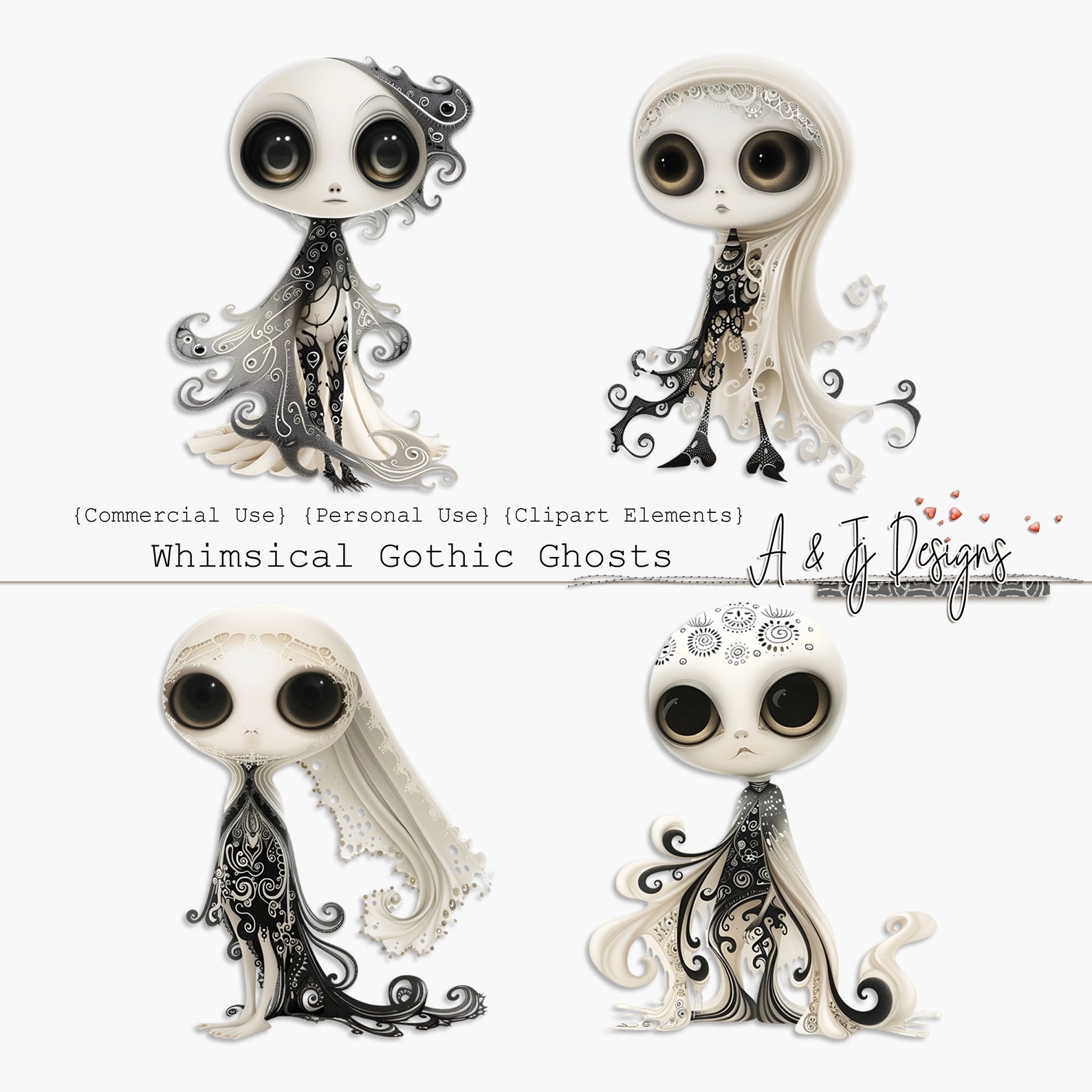 Whimsical Gothic Ghosts Clipart Elements, Commercial Use, Halloween ...