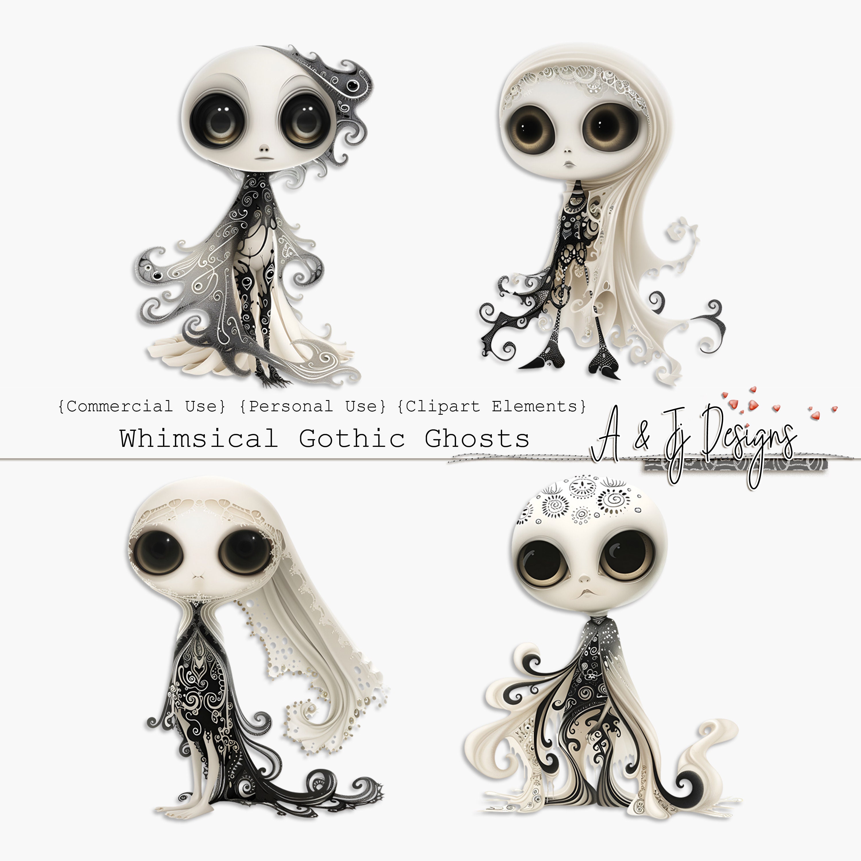 Whimsical Gothic Ghosts Clipart Elements, Commercial Use, Halloween ...