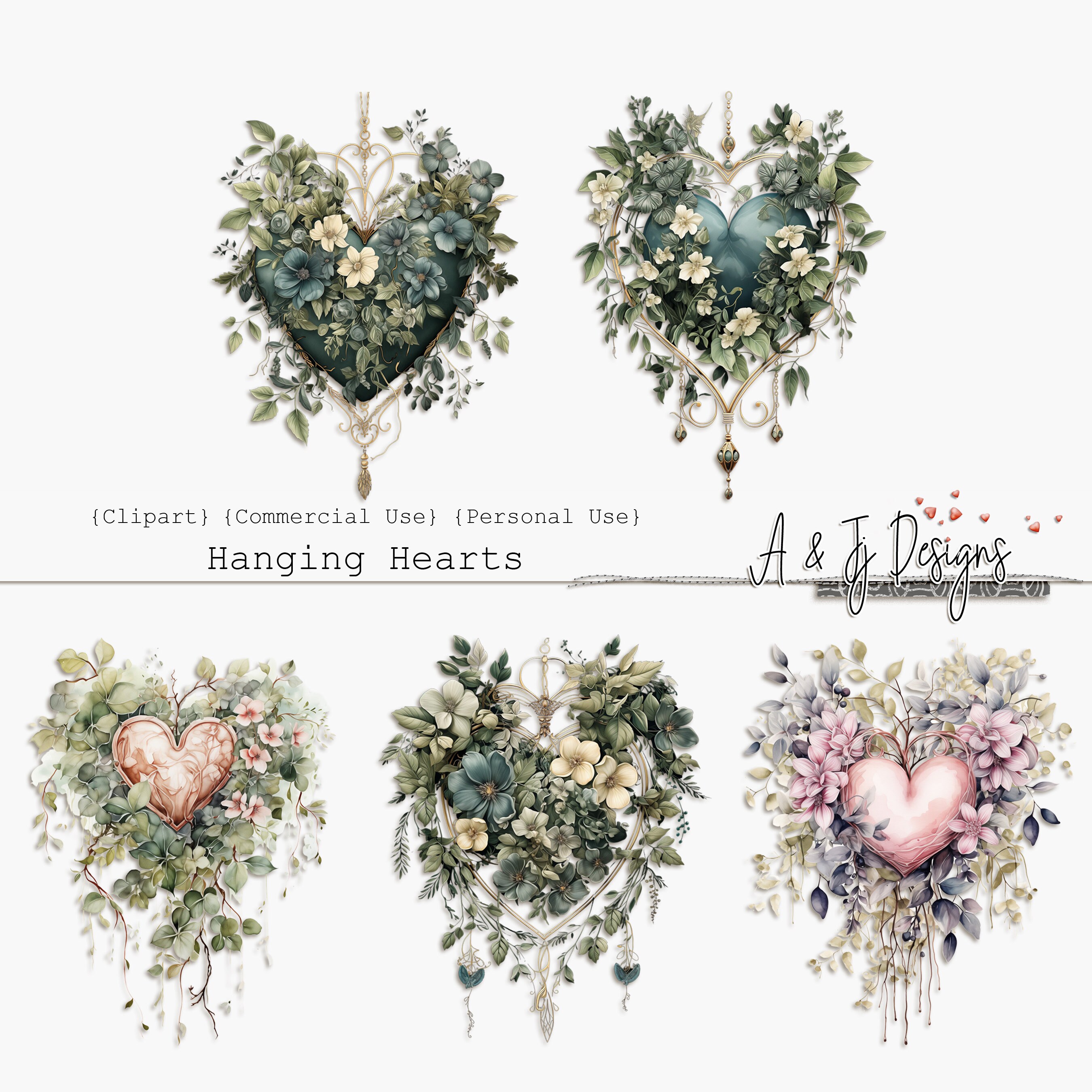Hanging Hearts, Clipart, CU, Printables, Junk Journals, Mixed Media ...