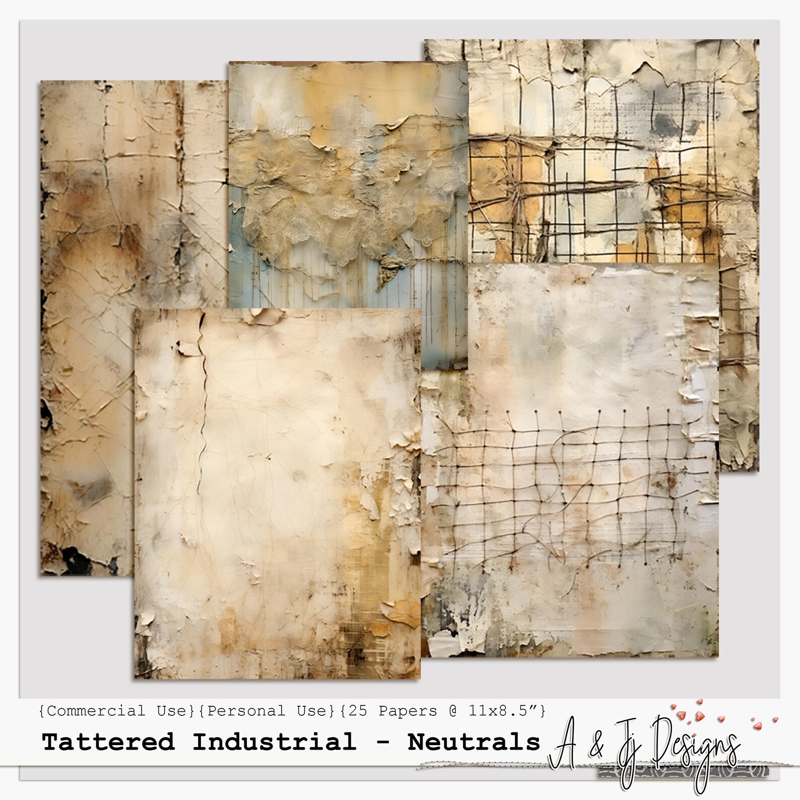 Tattered Industrial Neutrals, Junk Journal Digital Papers, Vintage ...
