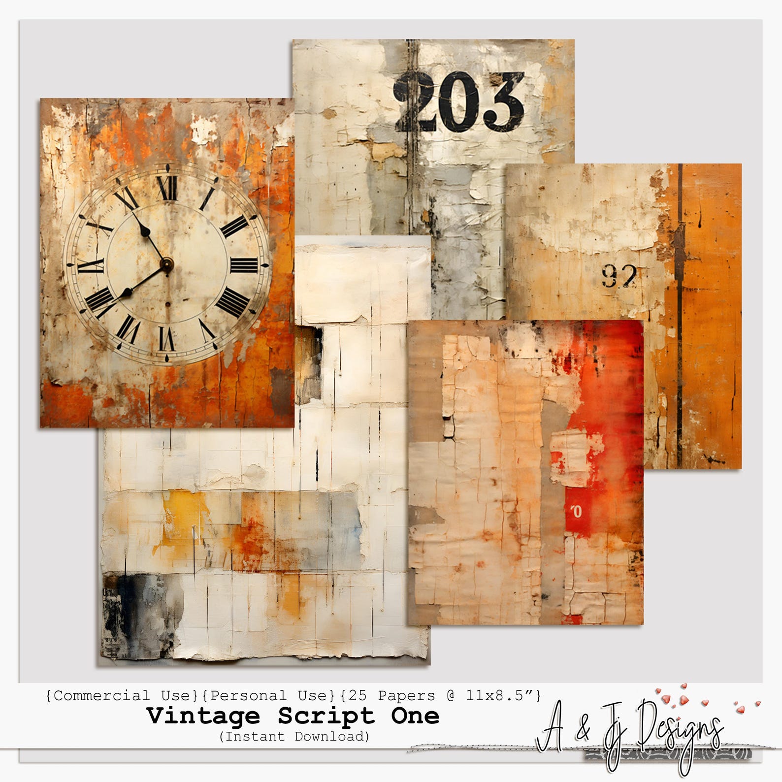 Vintage Script One, Numbers & Textured Papers, Grunge Collage Digital ...