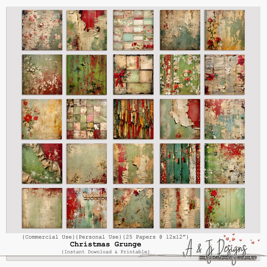 Christmas Grunge | Red and Green Digital Paper Set | Vintage Rustic ...