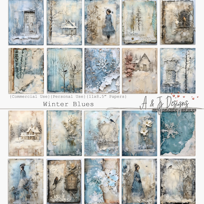 Winter Blues Papers, Commercial Use, Printable, 11x8.5", Junk Journals ...