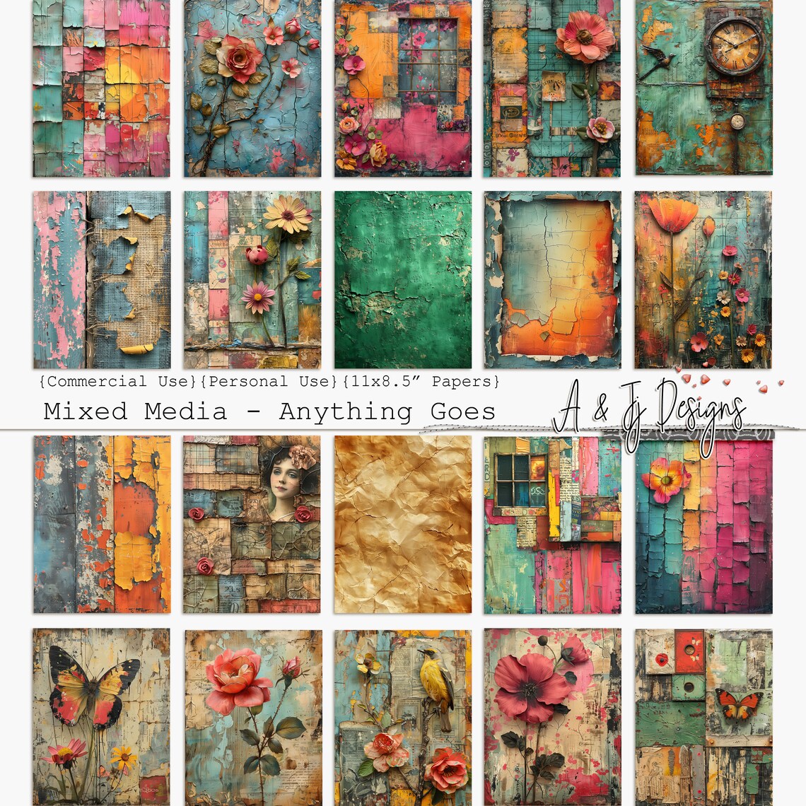 Mixed Media - Anything Goes, CU, Papers, Printable, JPG, Junk Journals ...