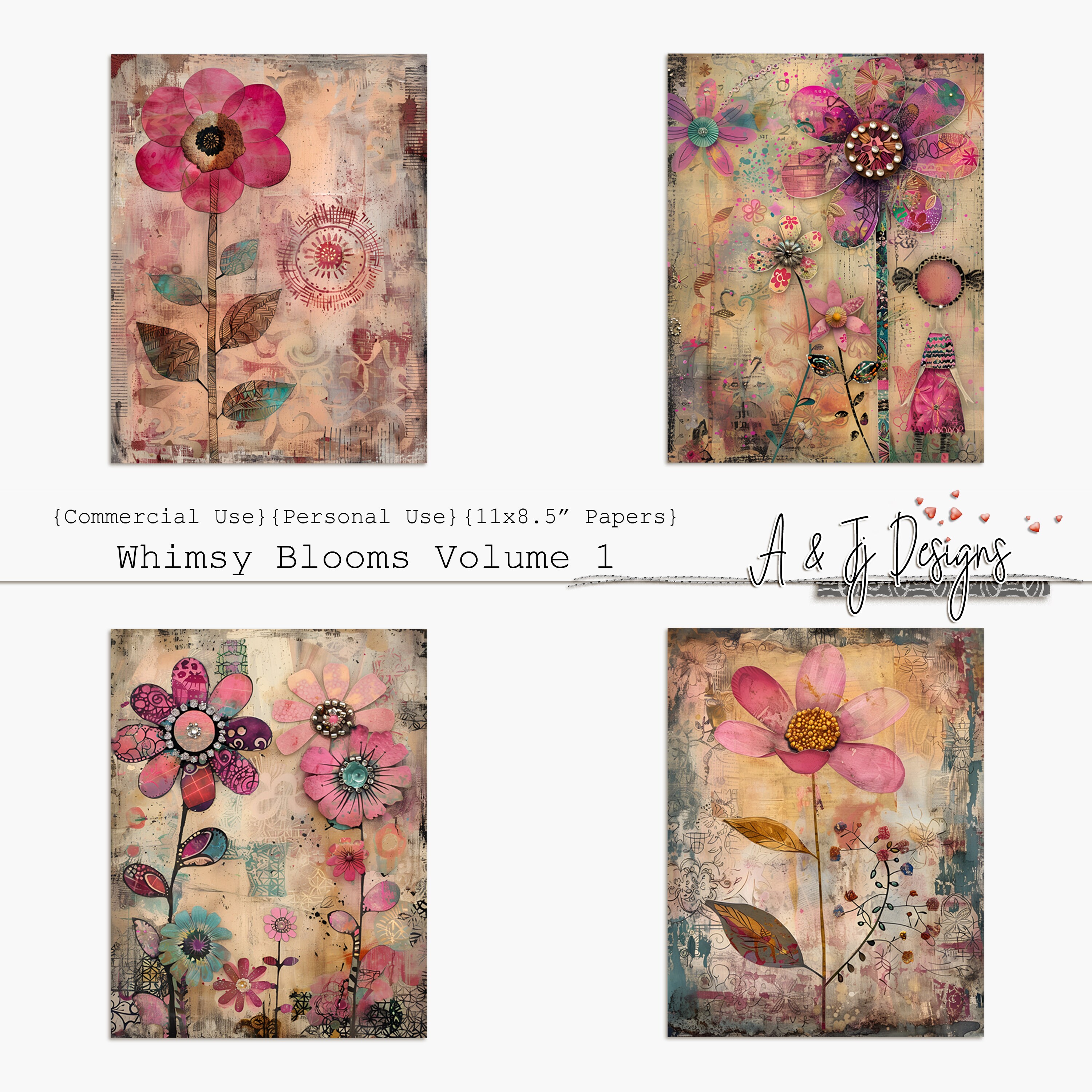 Whimsy Blooms Vol 1, CU, PU, Printable, Papers, JPG, Junk Journals, Scrapbooking, Mixed Media ...