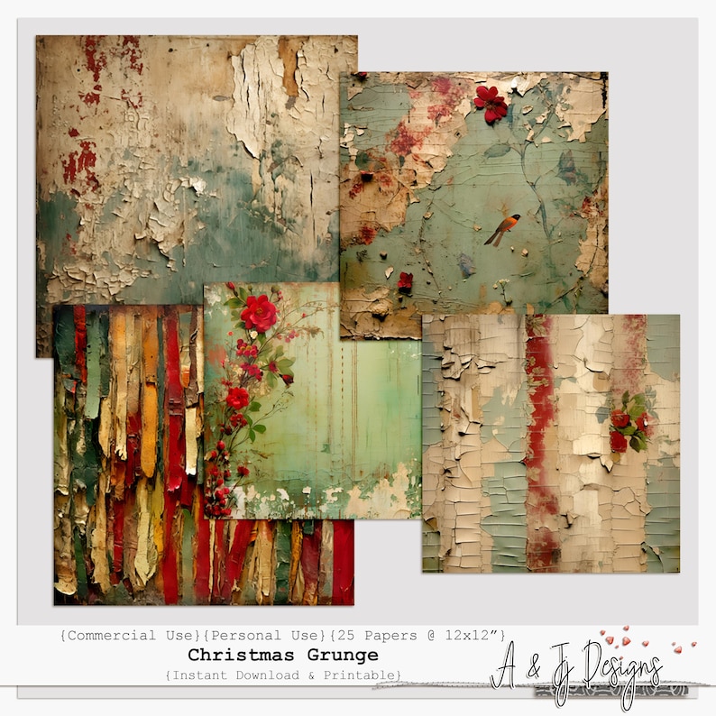 Christmas Grunge | Red and Green Digital Paper Set | Vintage Rustic ...
