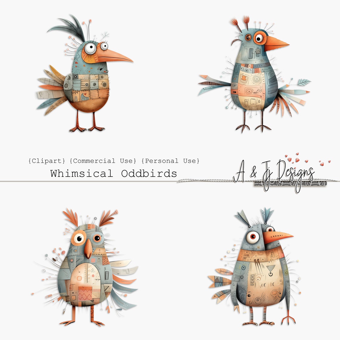 Whimsical Oddbirds, Clipart, CU, Printables, Junk Journals, Mixed Media ...