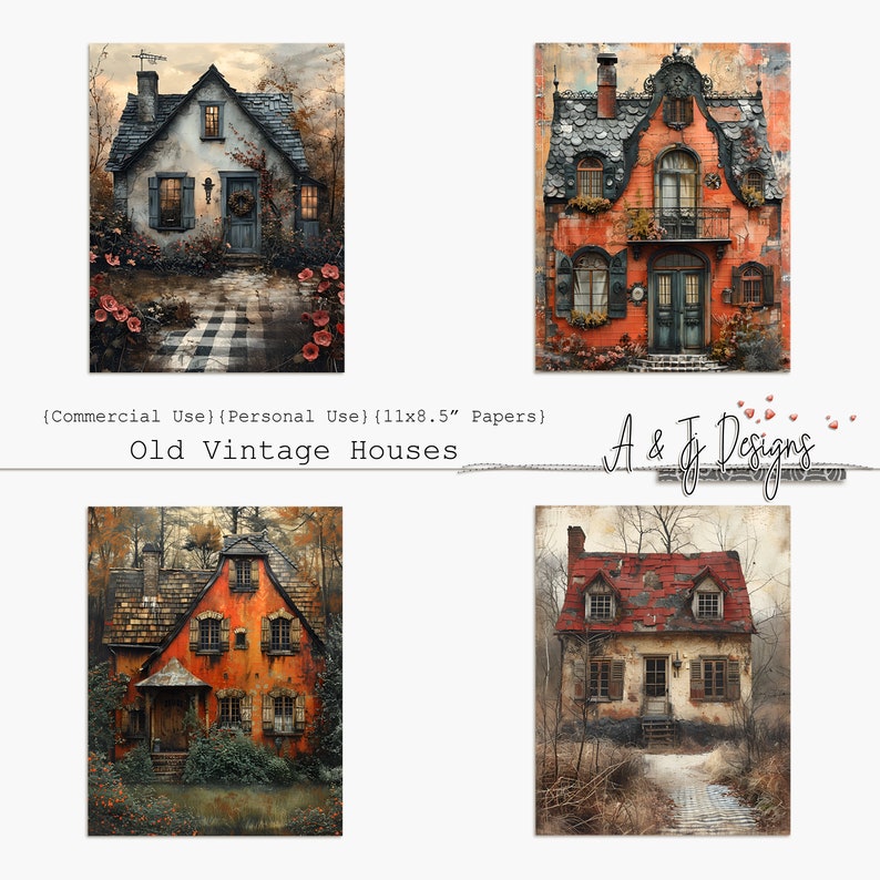 Old Vintage Houses Papers, CU, PU, Printable, 11x8.5", JPG, Junk ...