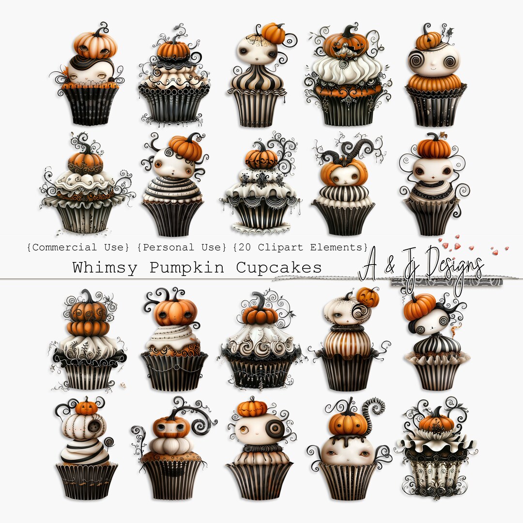 Whimsy Pumpkin Cupcakes Clipart Elements, Commercial Use, Halloween ...