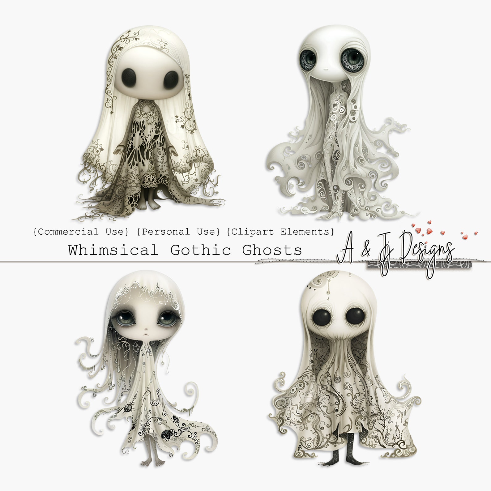 Whimsical Gothic Ghosts Clipart Elements, Commercial Use, Halloween ...