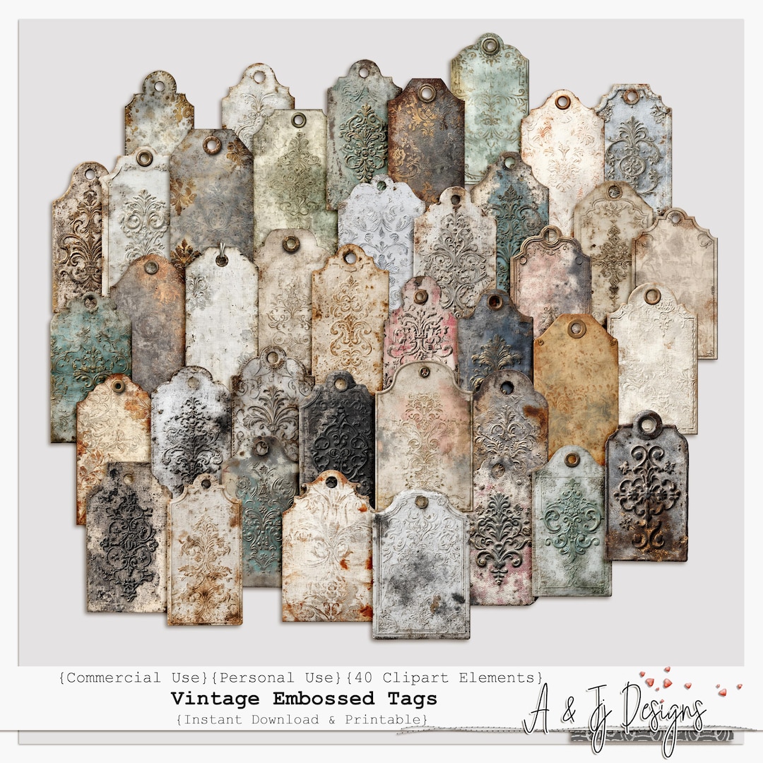 Vintage Embossed Tags | Printable Ephemera Clipart for Junk Journals ...