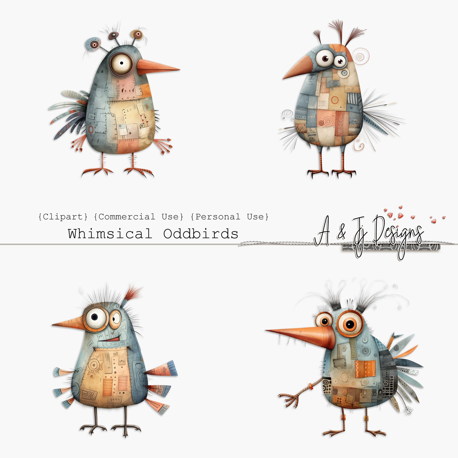 Whimsical Oddbirds, Clipart, CU, Printables, Junk Journals, Mixed Media ...