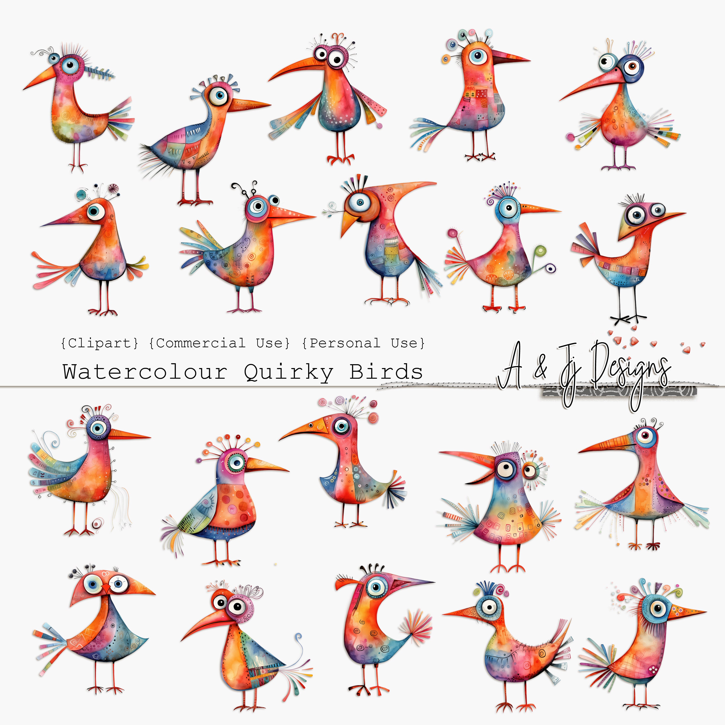 Watercolour Quirky Birds, Clipart, CU, Printables, Junk Journals, Mixed ...