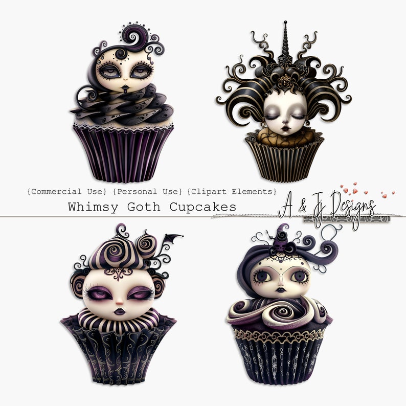 Whimsy Goth Cupcakes Clipart Elements, Commercial Use, Halloween Junk ...