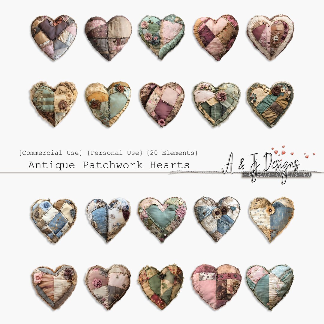 Antique Patchwork Hearts, 20 Clipart Images, Commercial Use, Personal ...