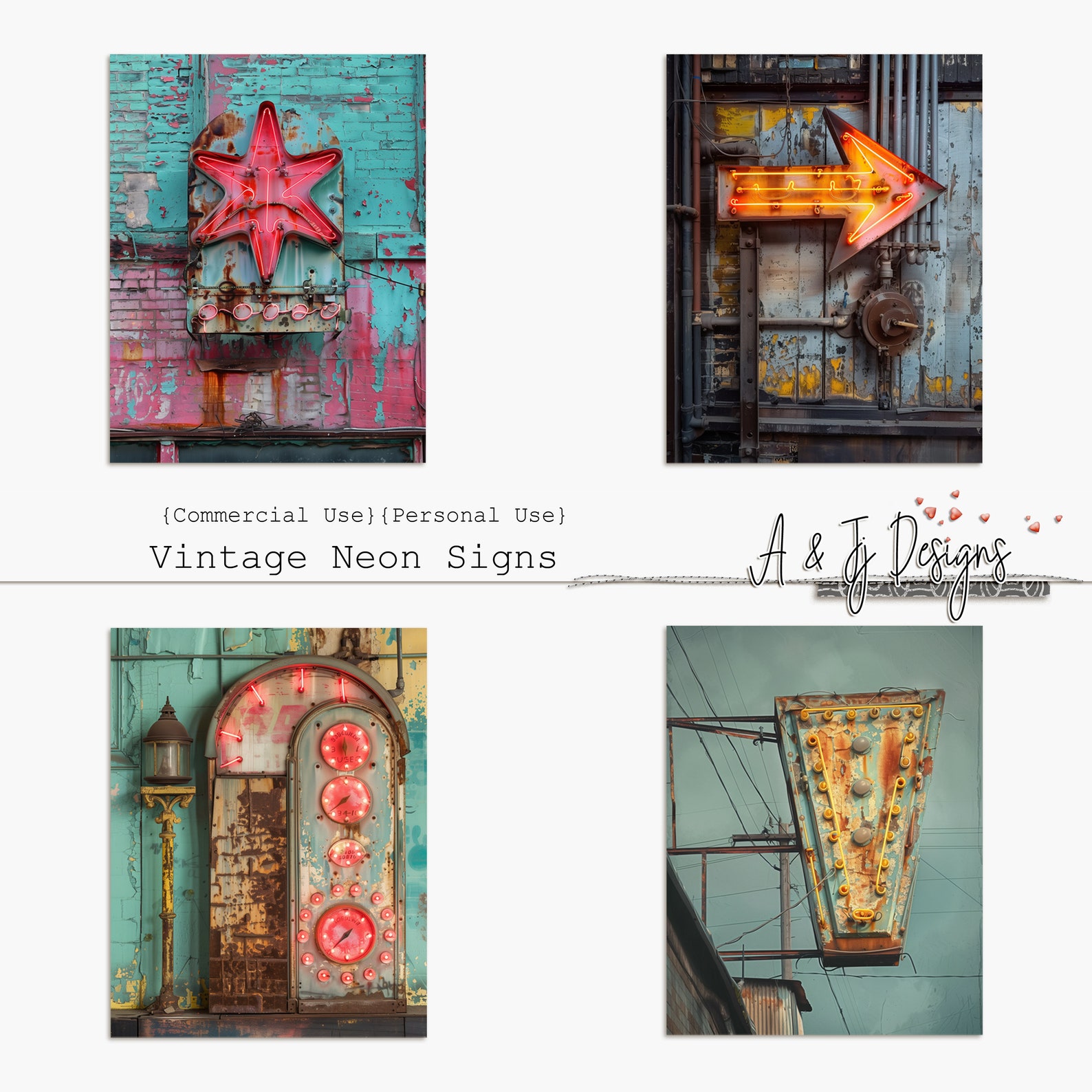 Vintage Neon Signs, Commercial Use, Printable, Ephemera, Papers, JPG ...