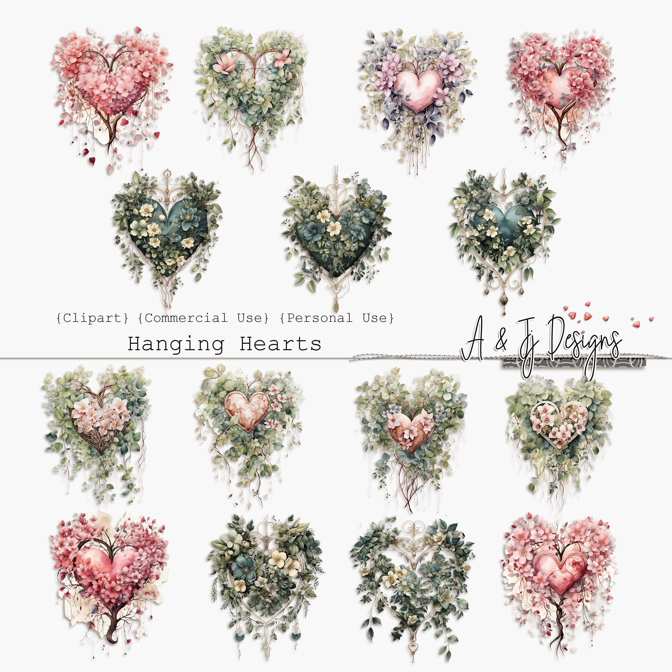 Hanging Hearts, Clipart, CU, Printables, Junk Journals, Mixed Media ...