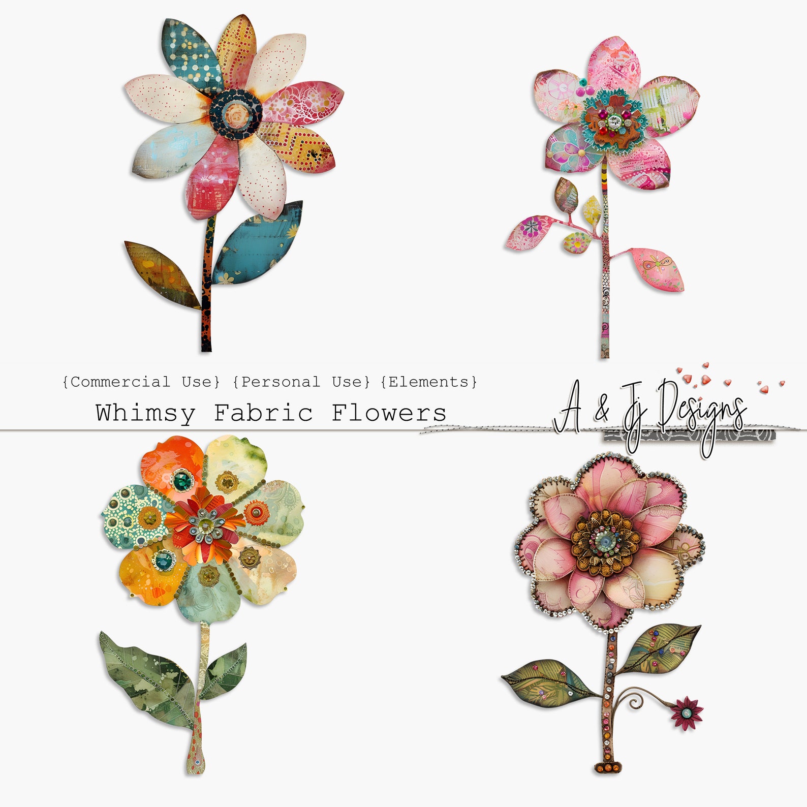 Whimsy Fabric Flowers, CU, PU, Clipart, Elements, Ephemera, Printable ...