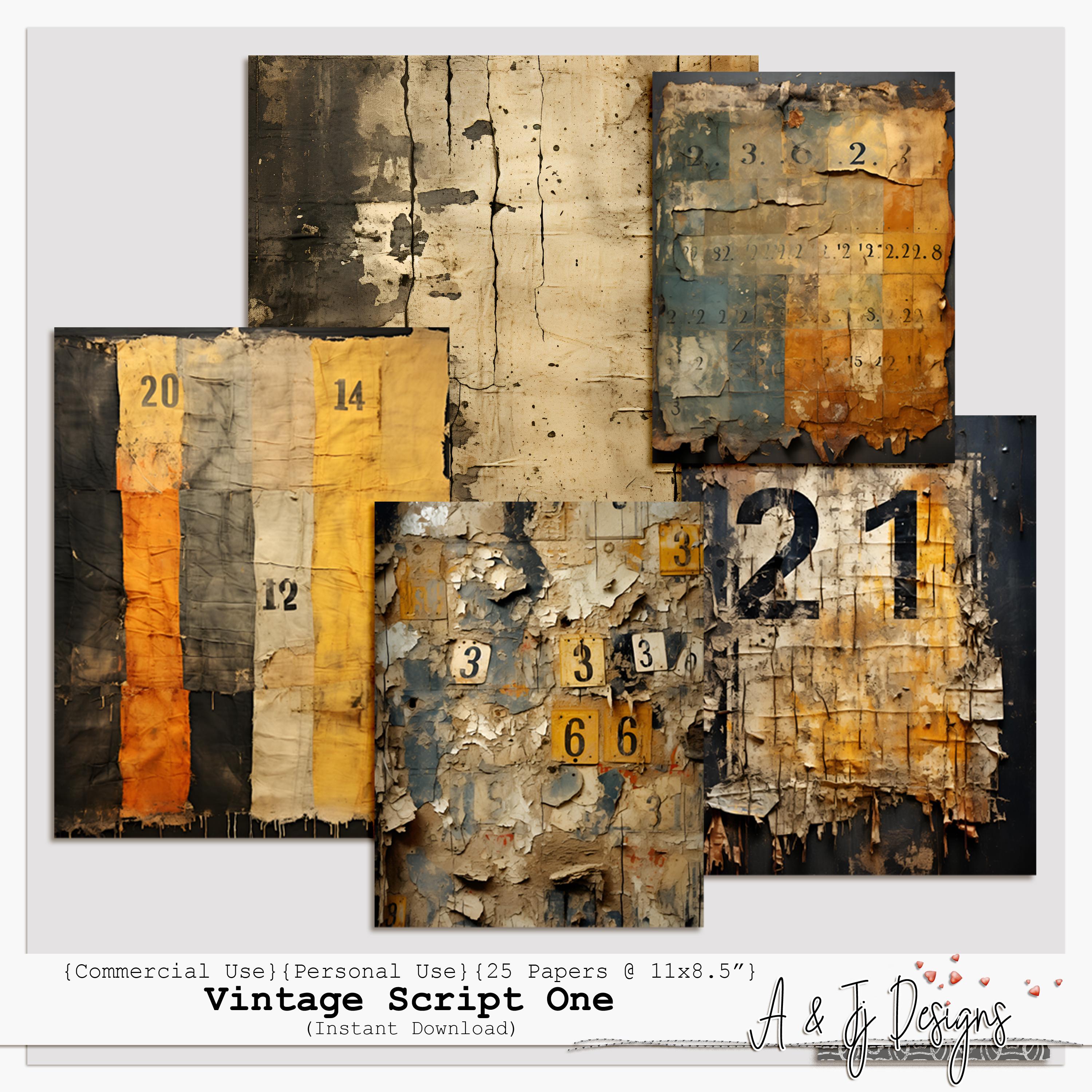 Vintage Script One, Numbers & Textured Papers, Grunge Collage Digital ...