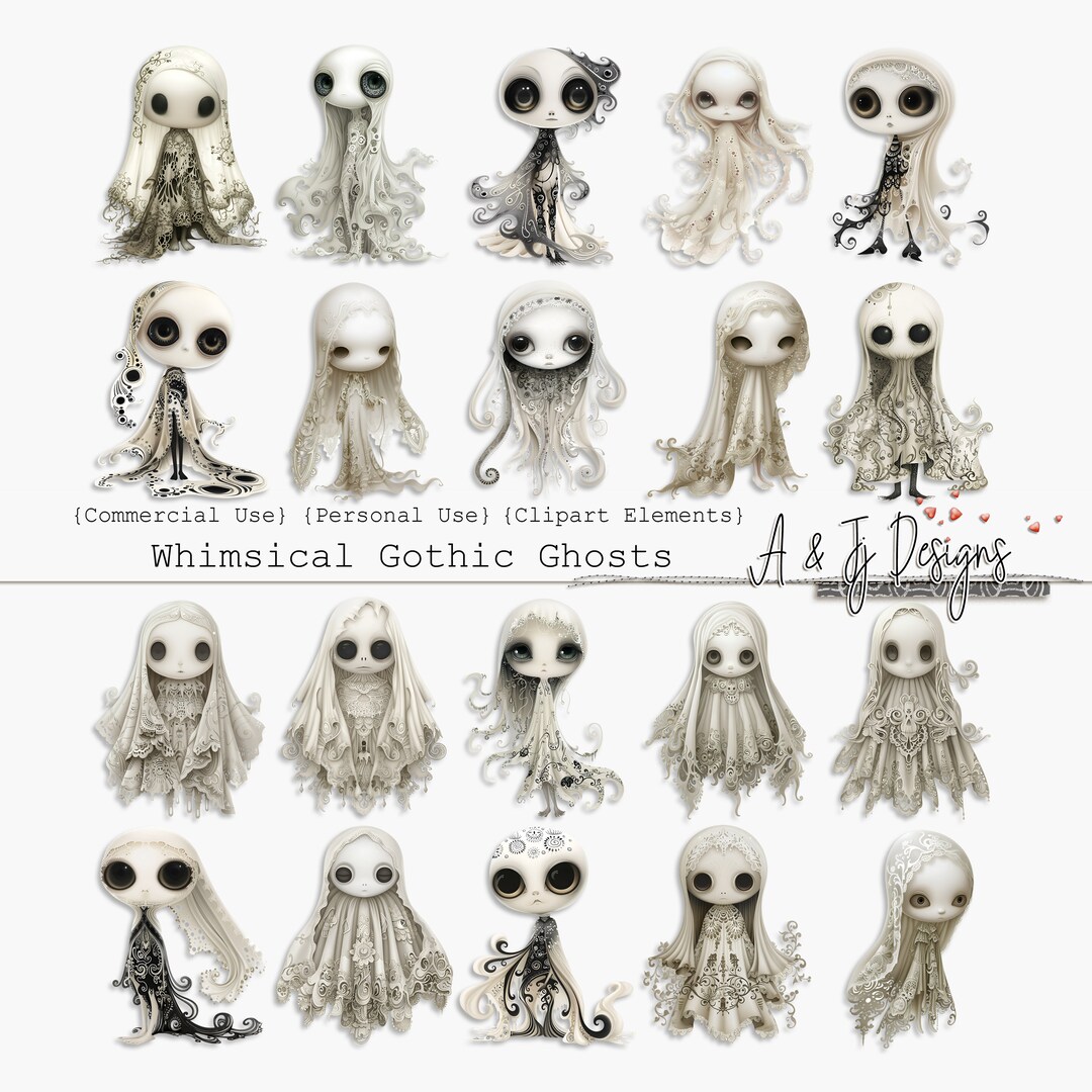 Whimsical Gothic Ghosts Clipart Elements, Commercial Use, Halloween ...