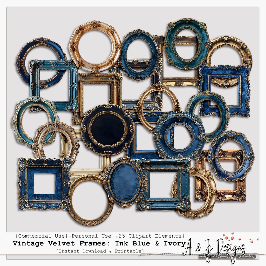 Vintage Velvet Frames: Ink Blue & Ivory | Ornate Antique Frame Clipart ...