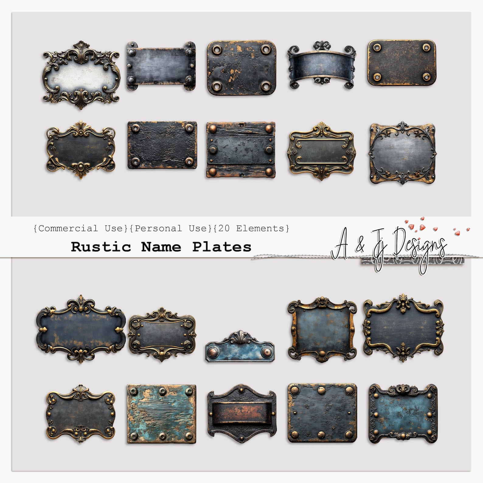 Rustic Name Plates, Clipart Images, Vintage Digital Elements for Junk ...