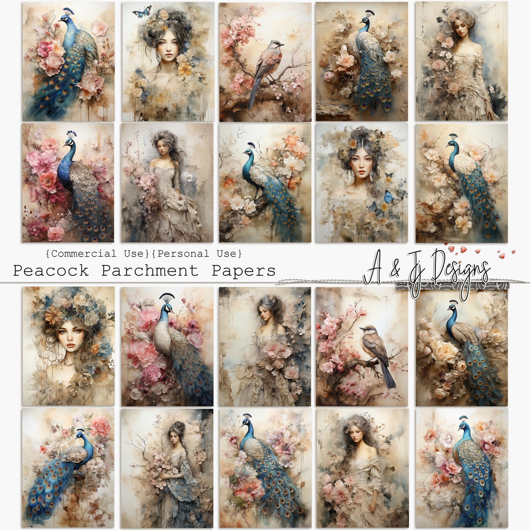 Peacock Parchment Papers, CU, Printables, Junk Journals, Mixed Media ...
